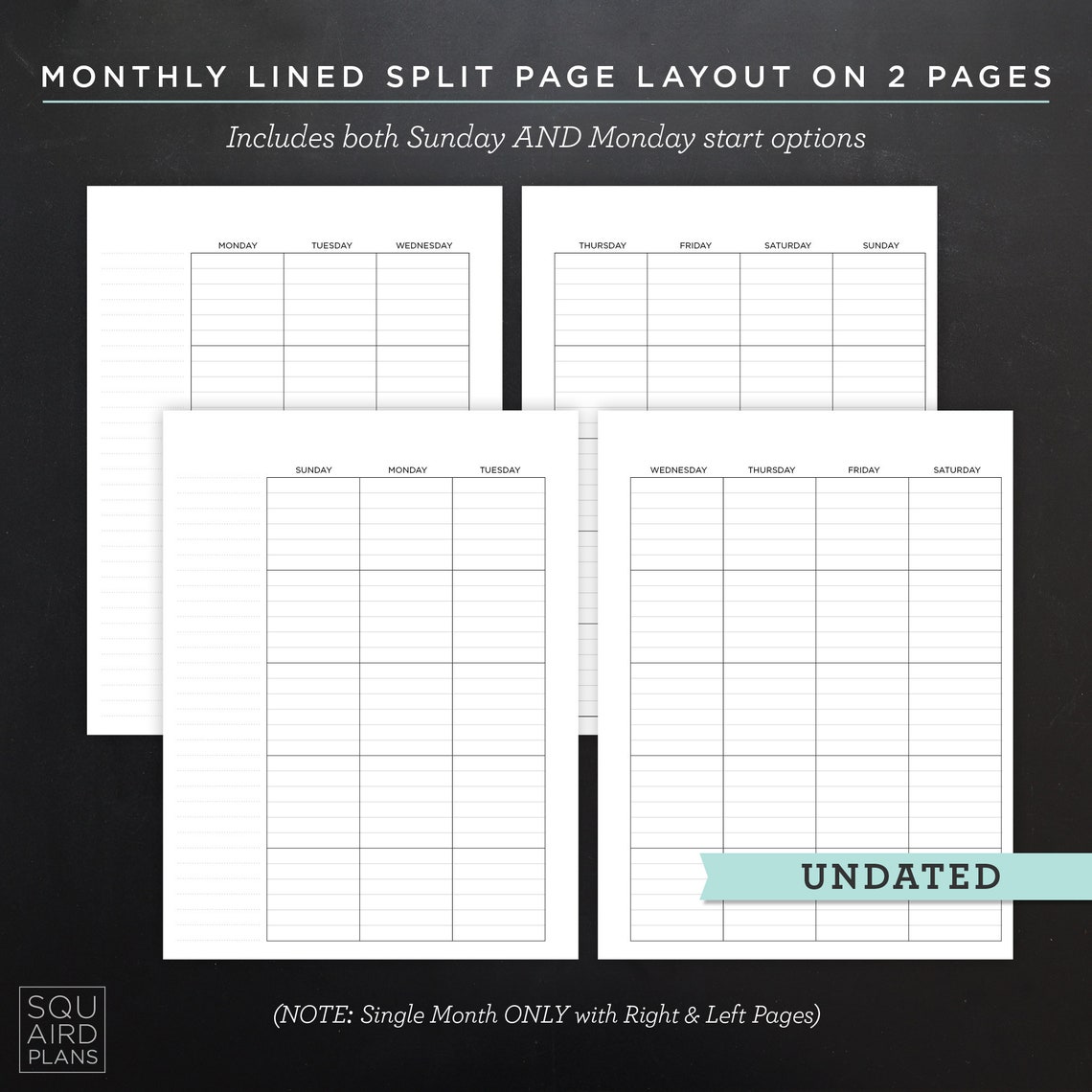 Undated Monthly Planner Printable • Lined Split Page Layout • 7 "x 9.25 ...