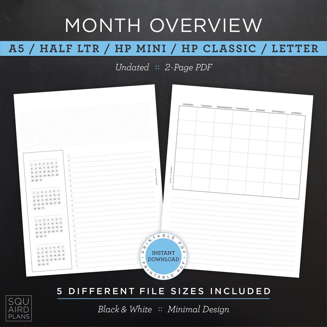 Month Overview Layout • Undated Monthly Planner Printable • A5, Half ...