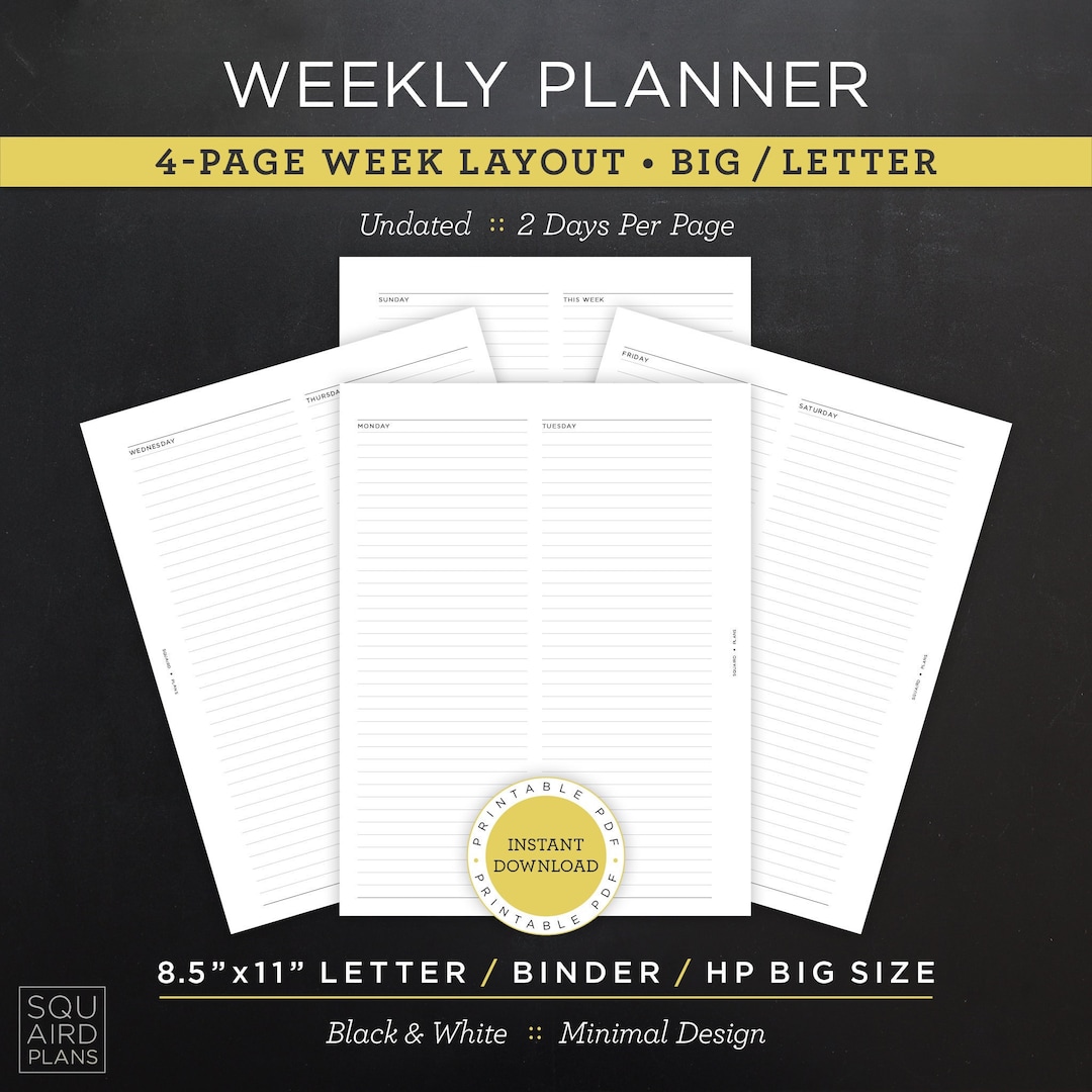 Undated Weekly Planner Printable • 4-page Week Layout • 8.5"x11" Letter ...