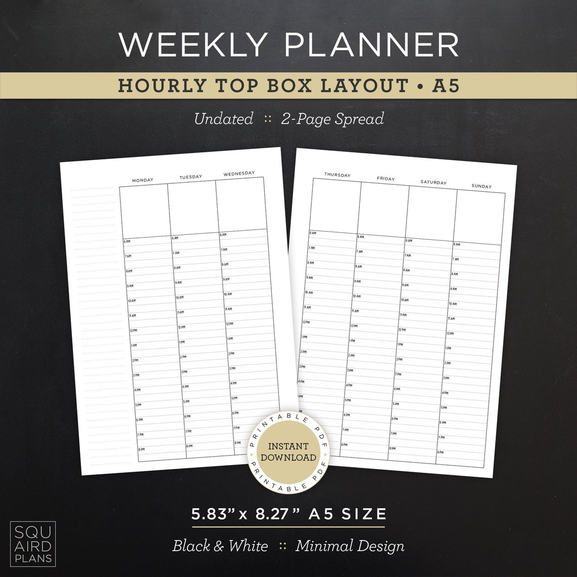 Undated Weekly Planner Printable Hourly Top Box Layout - Etsy