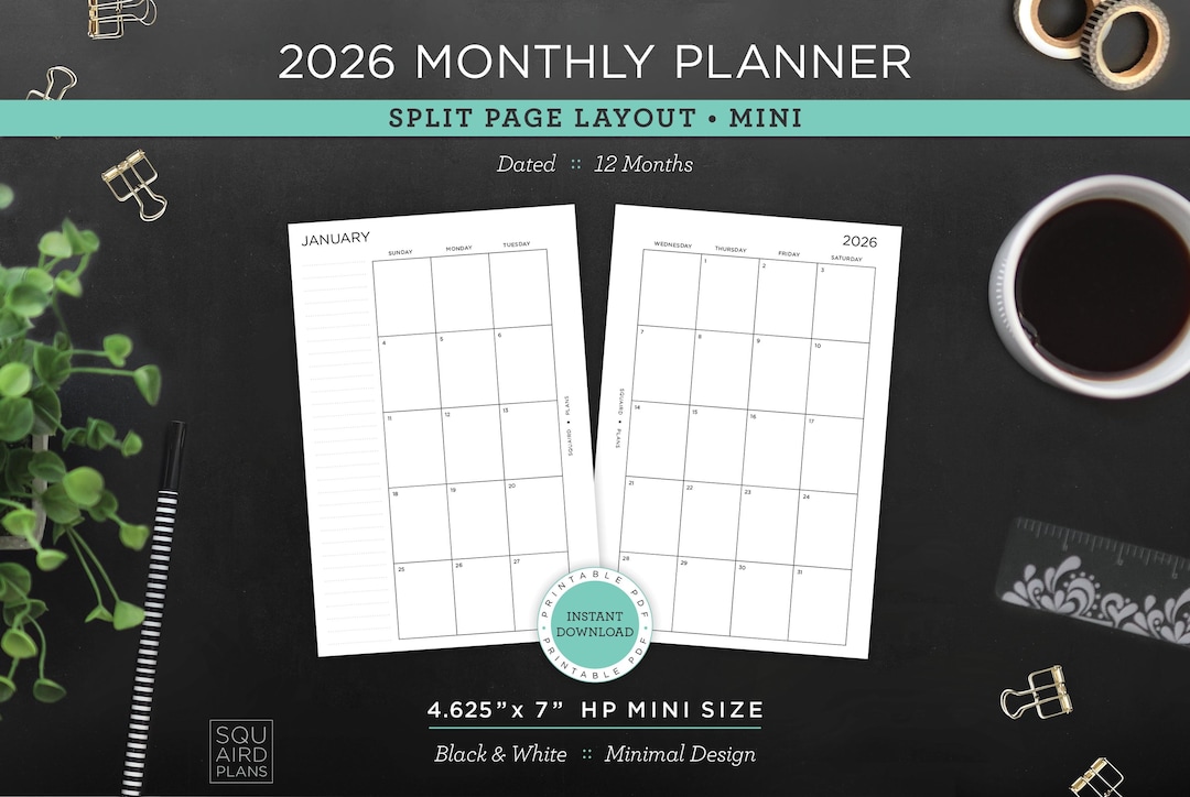 2026 Monthly Planner Printable • Split-page Layout • 4.625" X 7" HP ...
