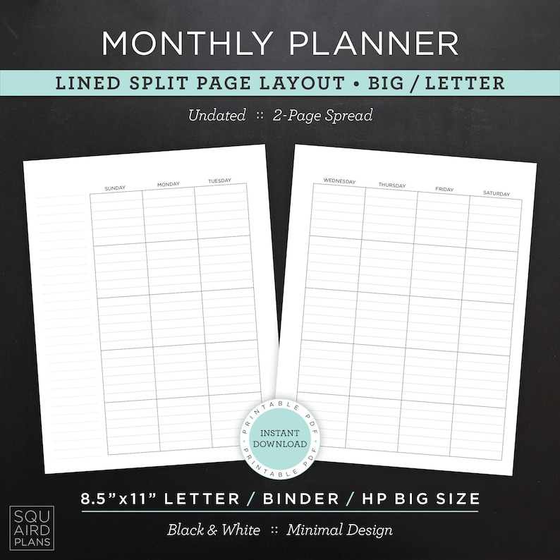 Undated Monthly Planner Printable • Lined Split Page Layout • 8.5"x11 ...