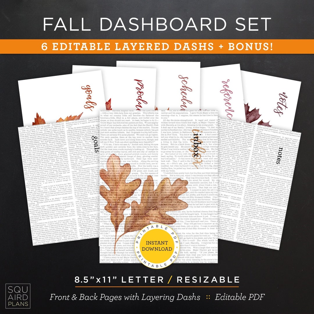 Fall Watercolor Leaf Dashboard Set • Editable Planner Printable PDF • 8 ...