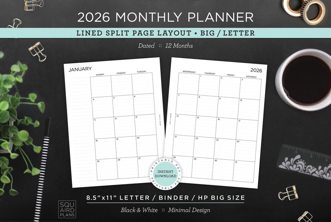 2026 Monthly Planner Printable • Lined Split-page Layout • 8.5"x11 ...