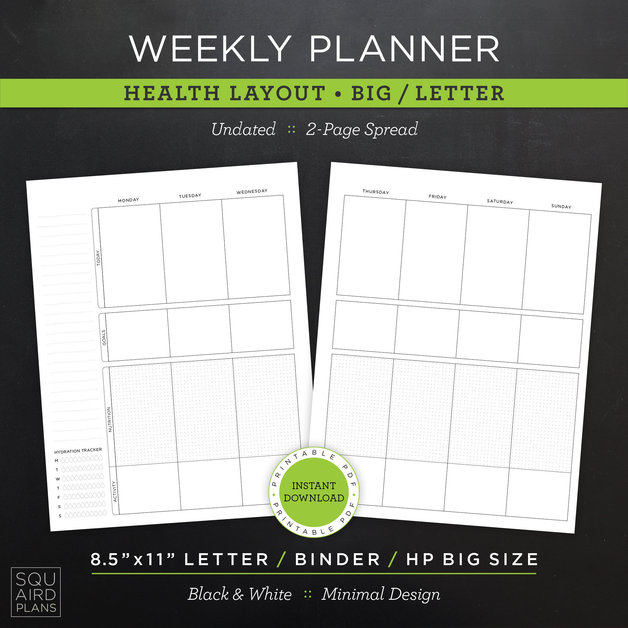 Undated Weekly Planner Printable • Health Layout • 8.5"x11" Letter ...