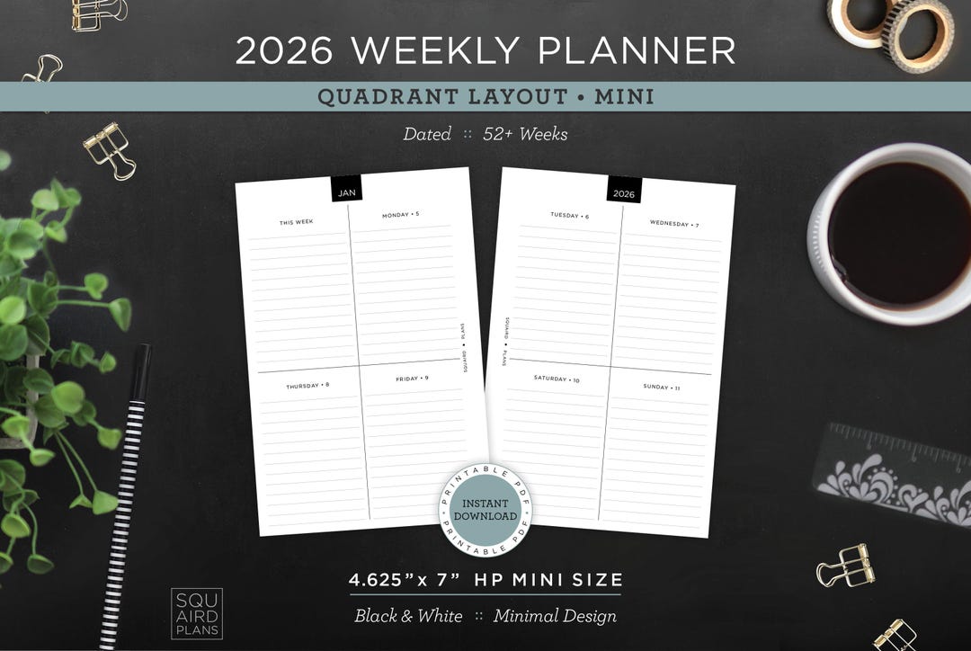 2026 Weekly Planner Printable • Quadrant Layout • 4.625" X 7" HP Mini ...