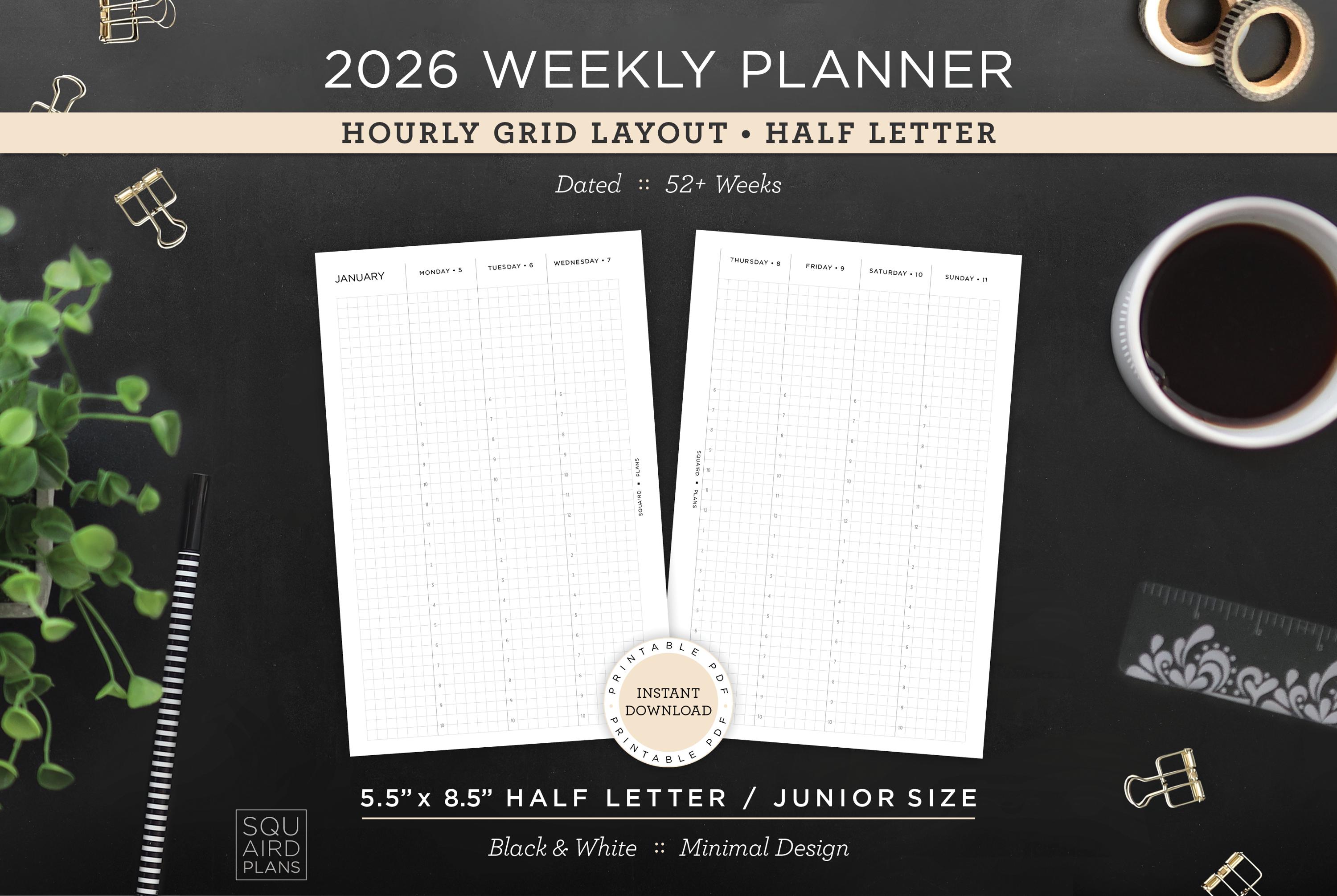 2026 Weekly Planner Printable • Hourly Grid Layout • 5.5" X 8.5" Half ...