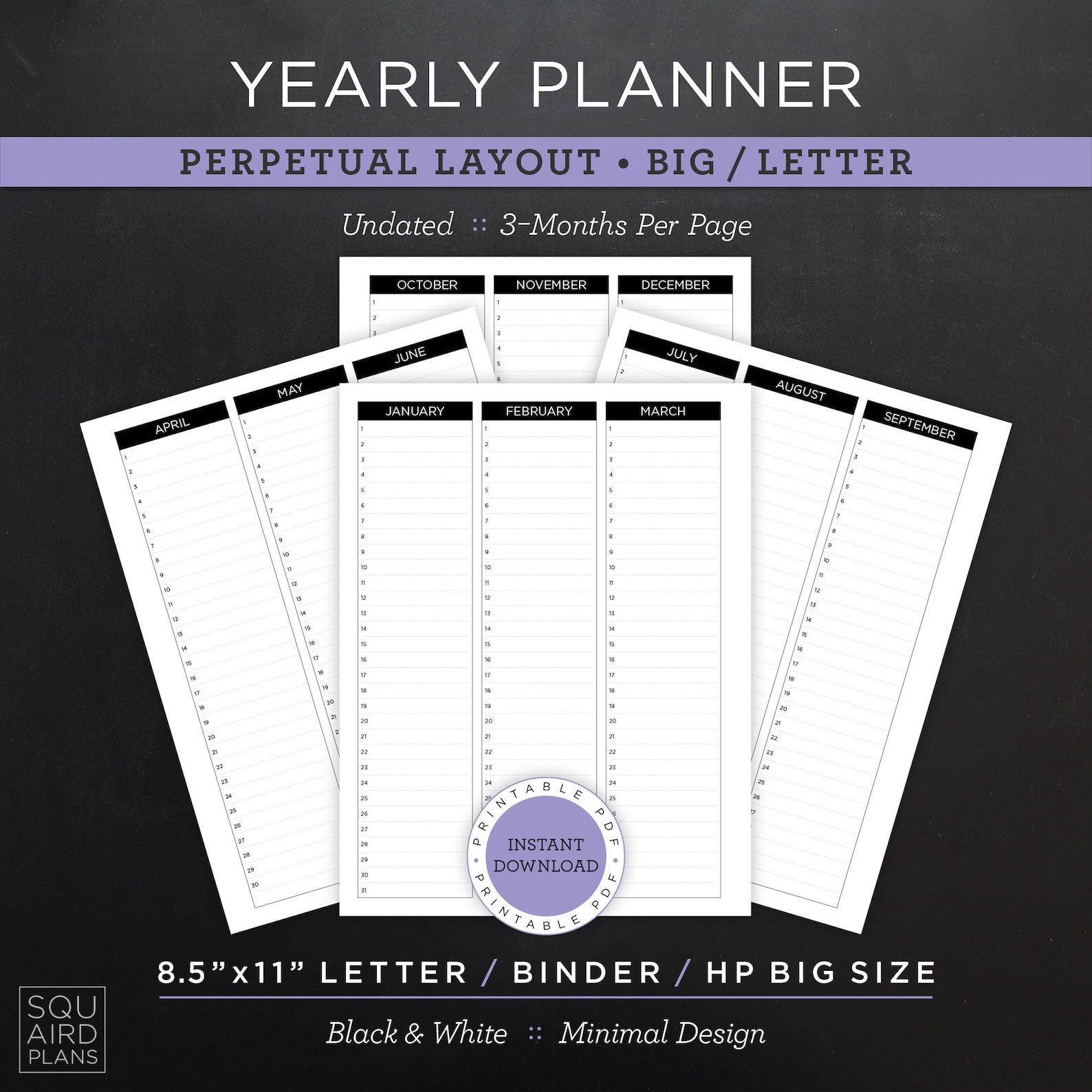 Undated Yearly Planner Printable • Perpetual Layout • 8.5"x11" Letter ...