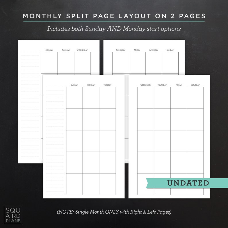 Undated Monthly Planner Printable • Split Page Layout • 4.625" X 7" HP ...