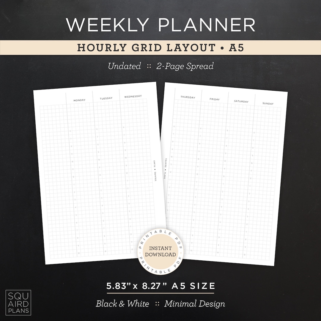 Undated Weekly Planner Printable • Hourly Grid Layout • 5.83" X 8.27 ...