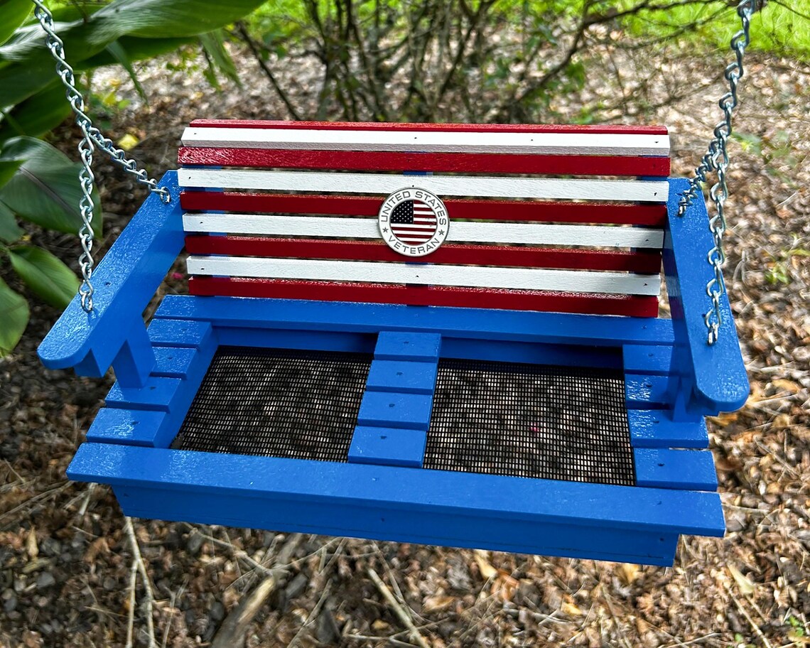 Handmade Patriotic Porch Swing Bird Feeder: Reclaimed Wood Veteran Gift ...