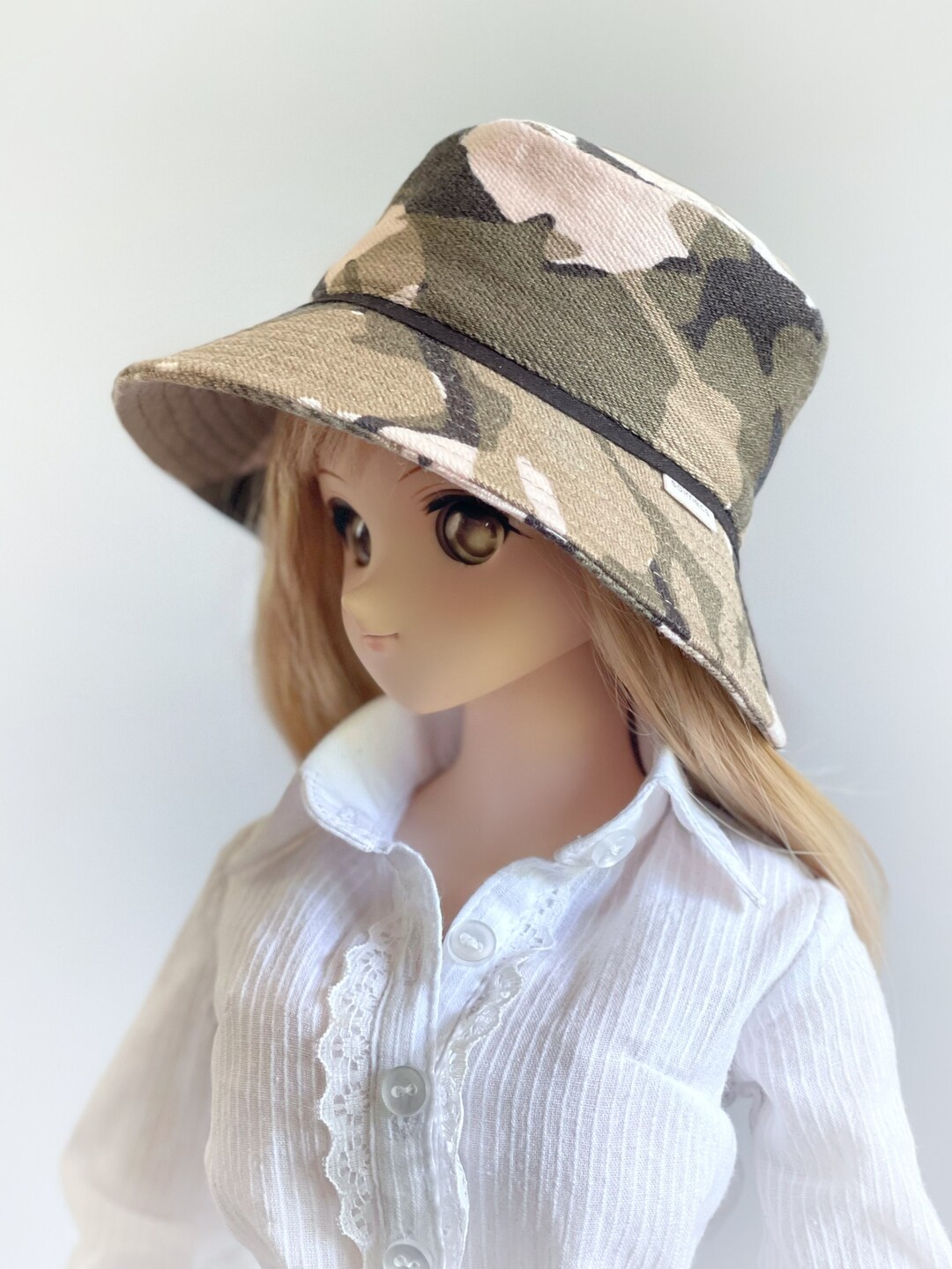 BJD Doll Bucket Hat, Olive Drab Camo, Upcycled Denim, Cute Casual Doll ...