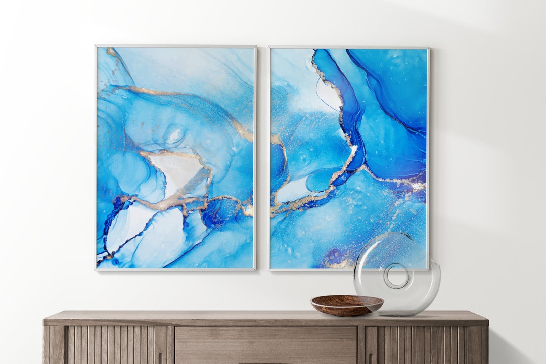 Blue Marble Wall Print Set of 2 | Ocean Blue Minimalist Marble Art ...