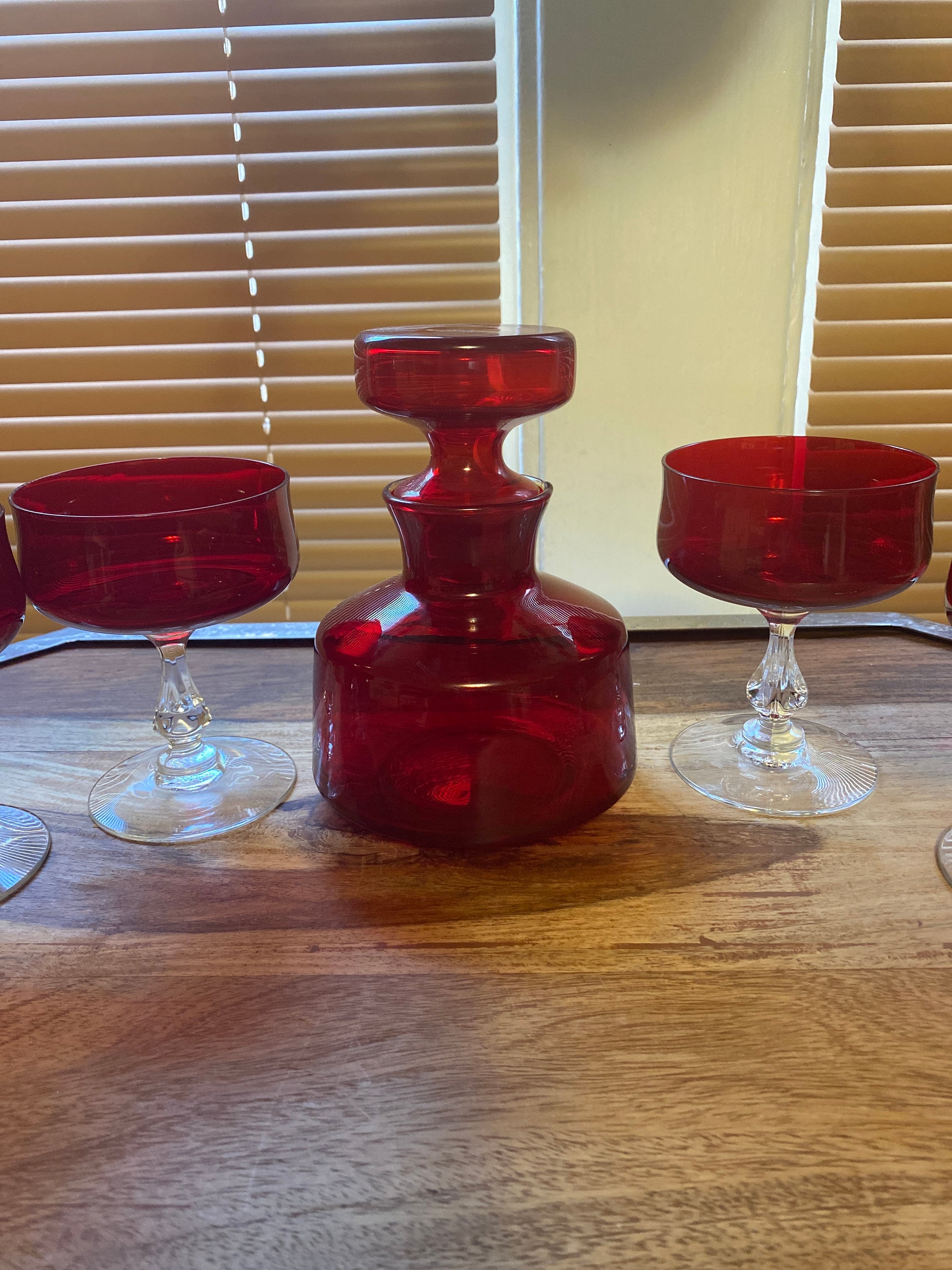 Ruby Red Glass Decanter With 4 Glasses - Etsy