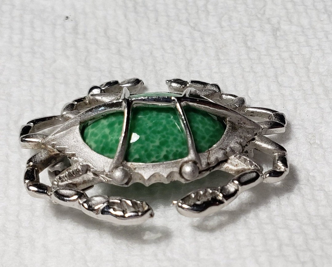 Vintage Signed Sterling Silver Crab Pin With Jade Glass Cabochon by ...