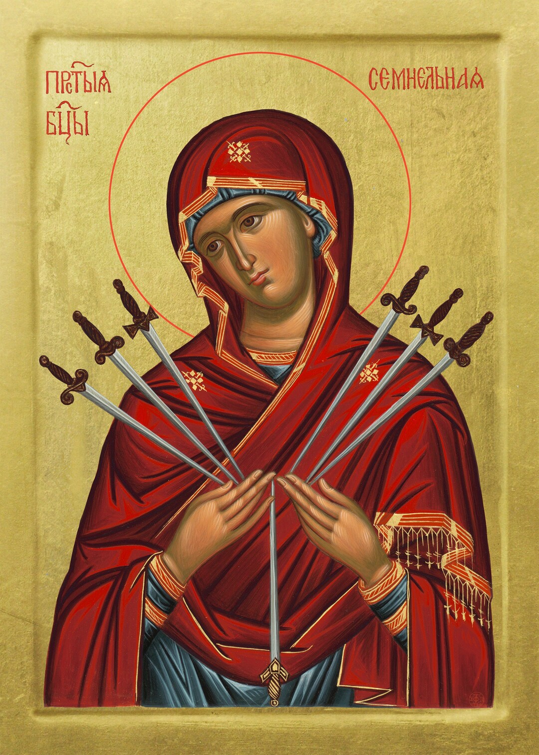 Holy Virgin Mary of Seven Swords - Icon on Solid Wood With 22 Karat ...