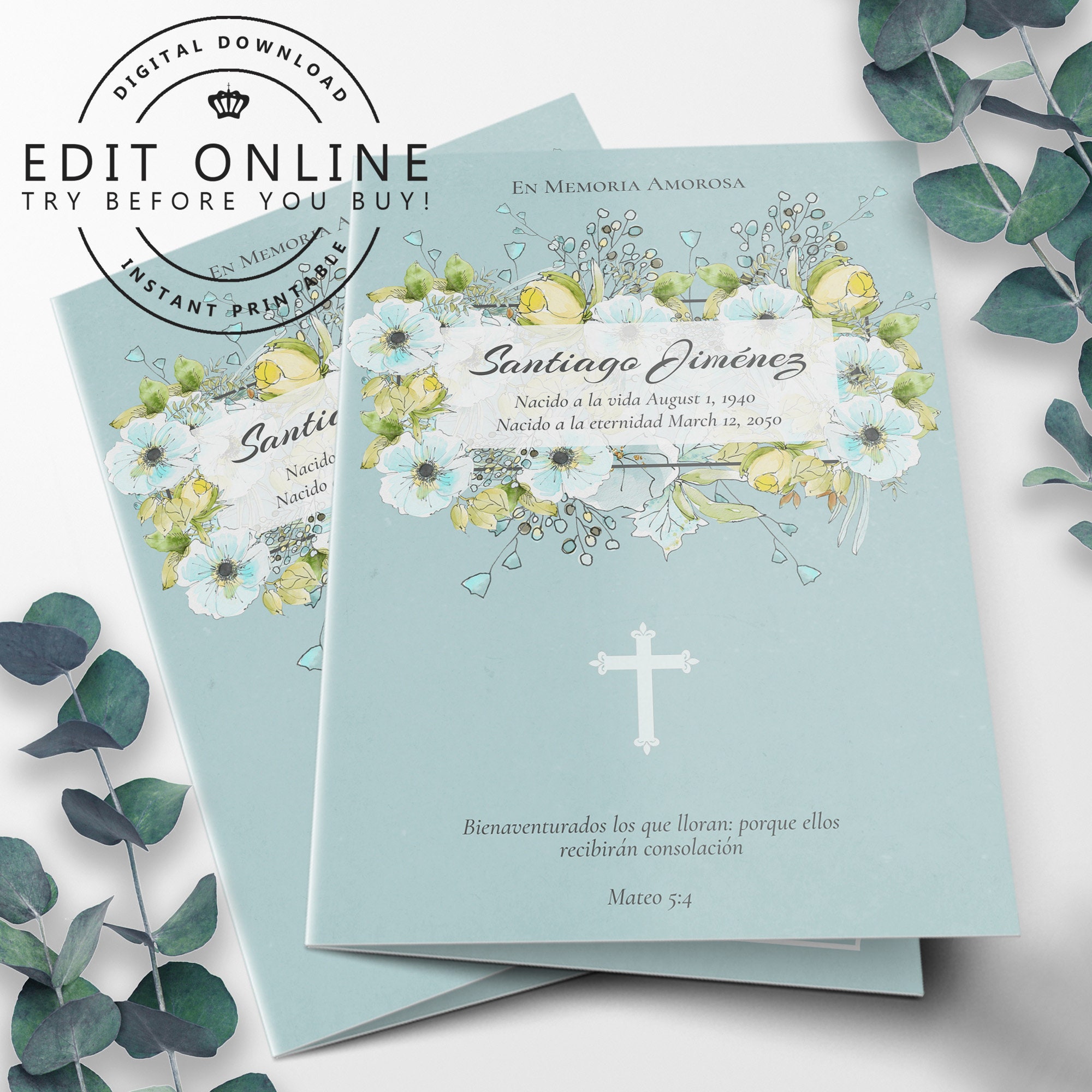 Spanish Funeral Program Template, Blue Floral, EDITABLE, Printable ...