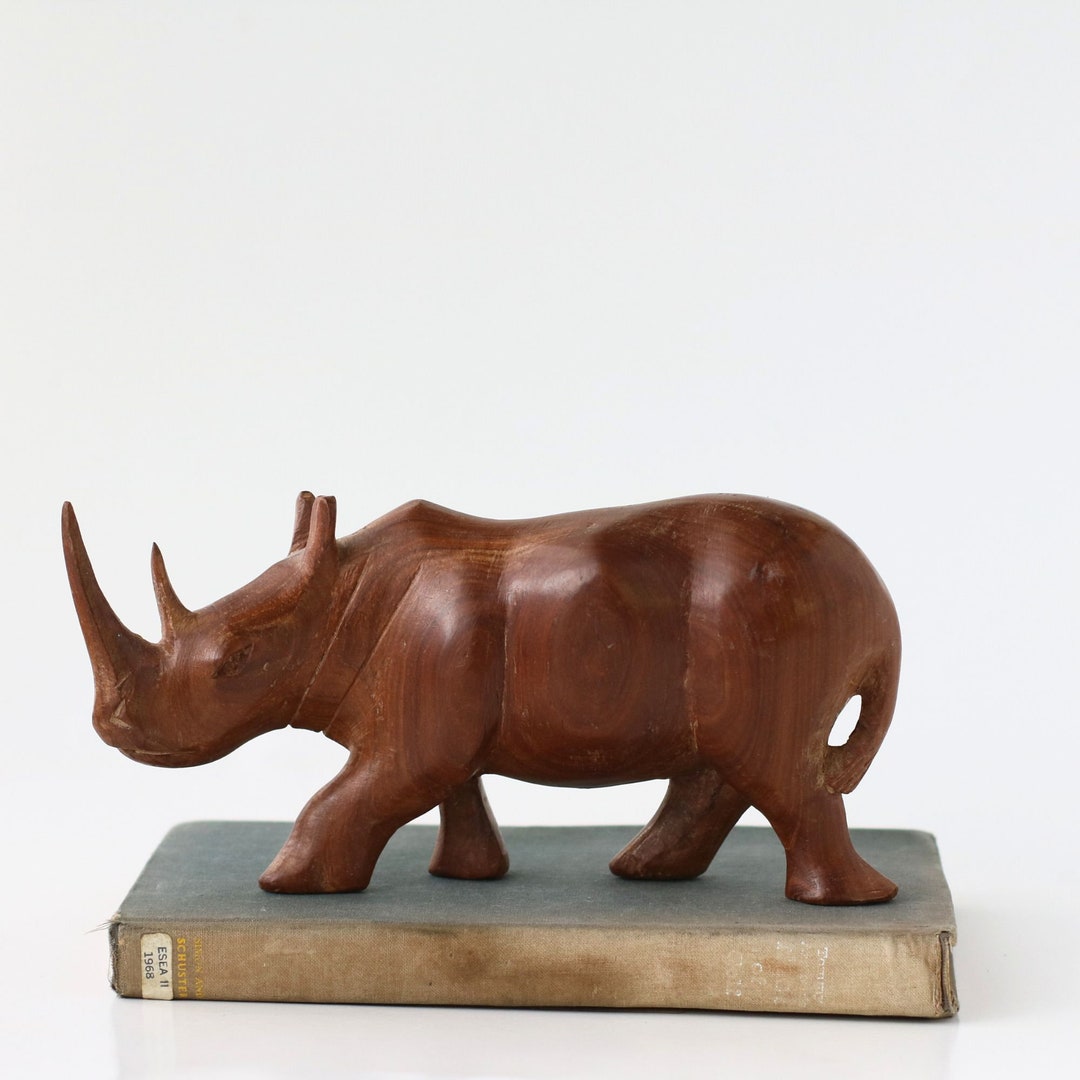 Vintage Hand Carved Wooden Rhino, Animal Figurine, Solid Wood Rhino ...