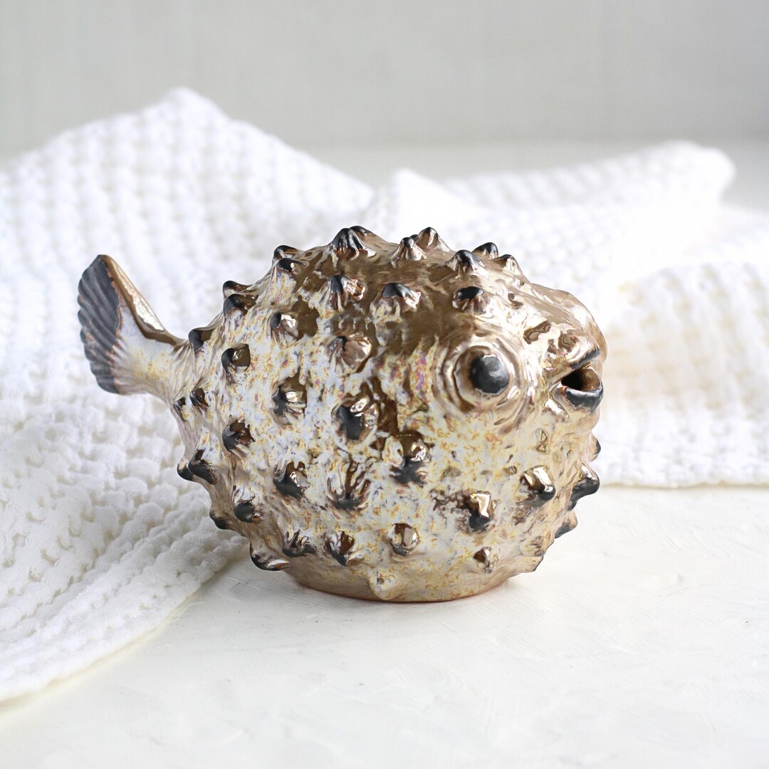 Decorative Puffer Fish Vintage Coastal Decor, Large Ceramic Pufferfish ...
