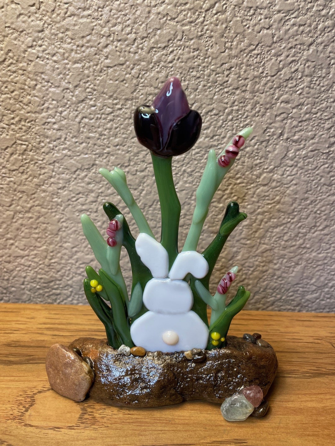Handmade Fused Glass Bunny Sculpture: Fluorite & Quartz Crystals on ...