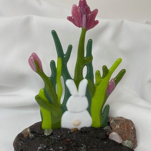 Fused Glass Sculpture With Bunny and Pink Flowers. - Etsy