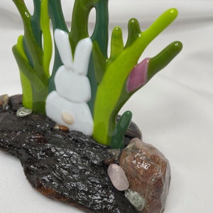Fused Glass Sculpture With Bunny and Pink Flowers. - Etsy
