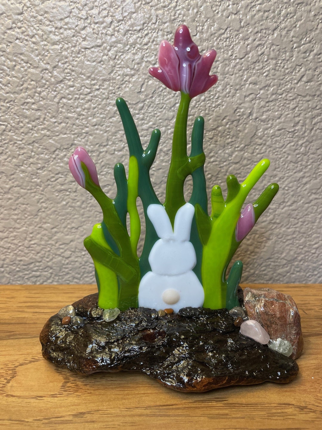 Fused Glass Sculpture With Bunny and Pink Flowers. - Etsy