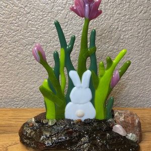 Fused Glass Sculpture With Bunny and Pink Flowers. - Etsy