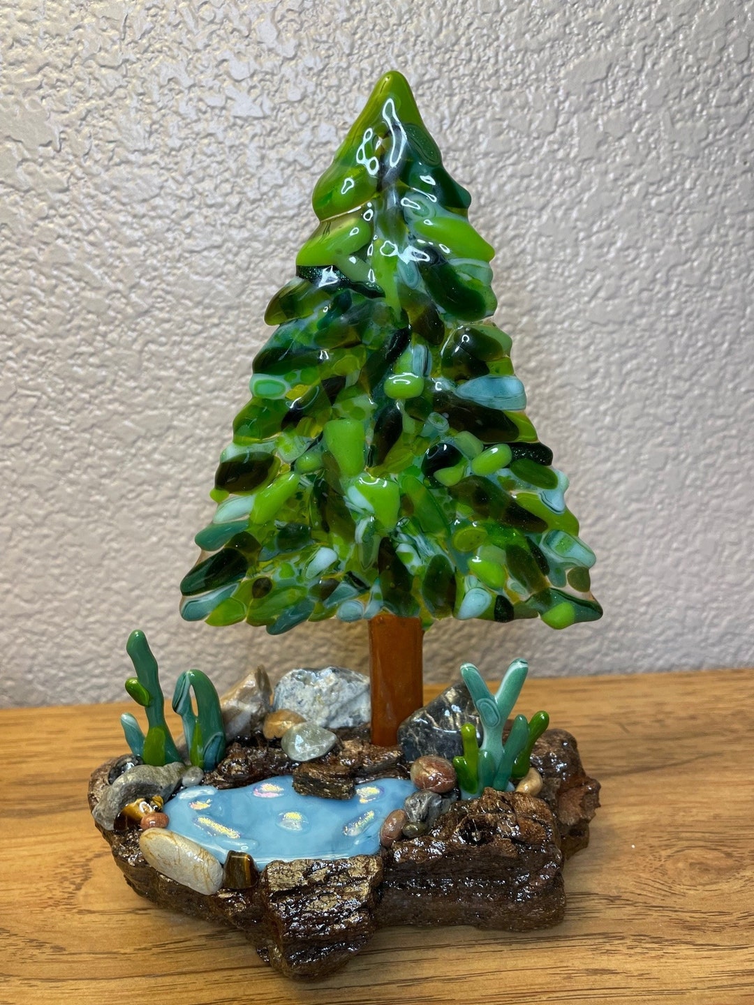 Fused Glass Pine Tree With Pond on Tree Bark. - Etsy