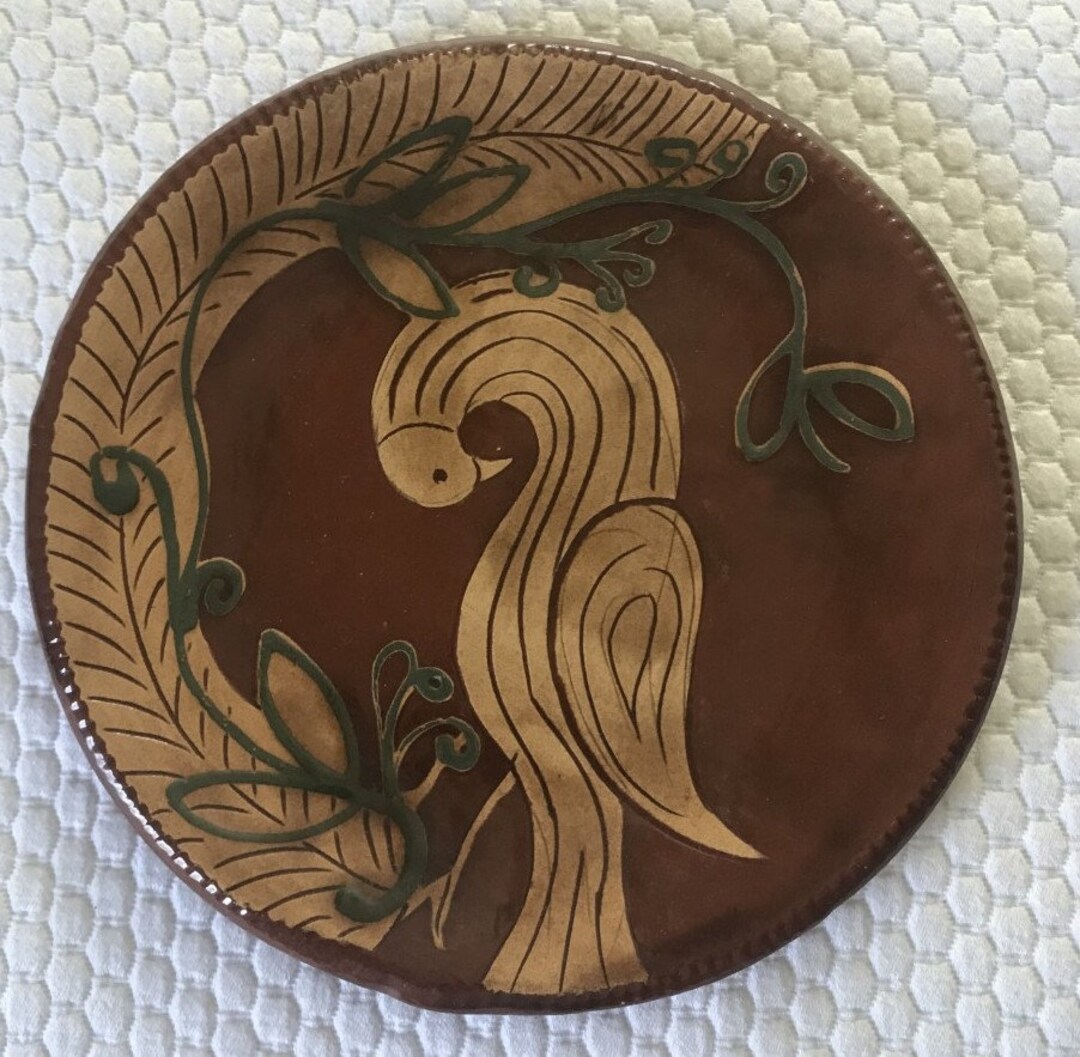 Turtle Creek Potters Redware Plate Folk Art Bird David Smith Ohio 10 ...
