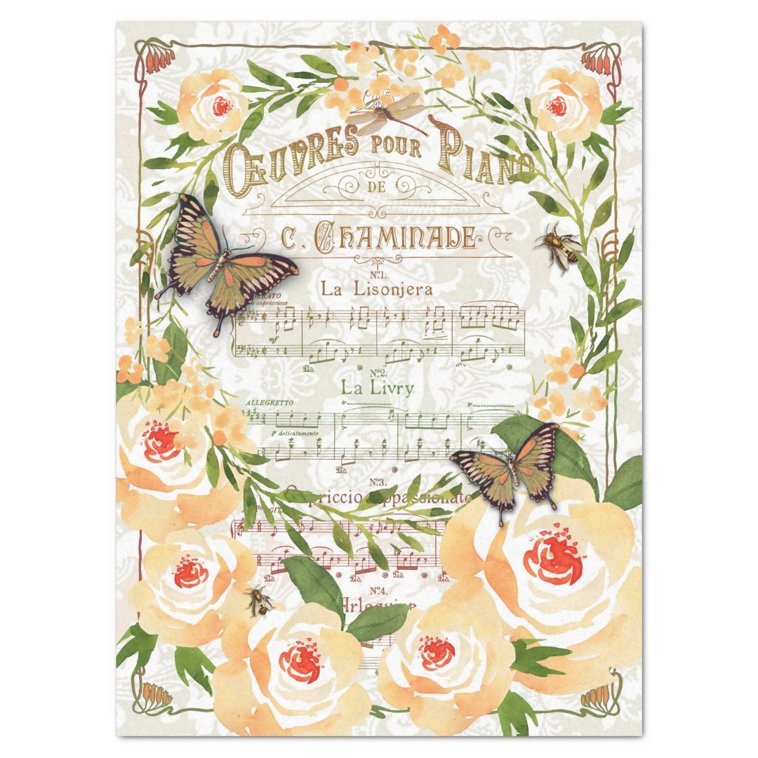 Large Decoupage Paper - 20 X 30" - Peach Rose Music - With Instructions ...