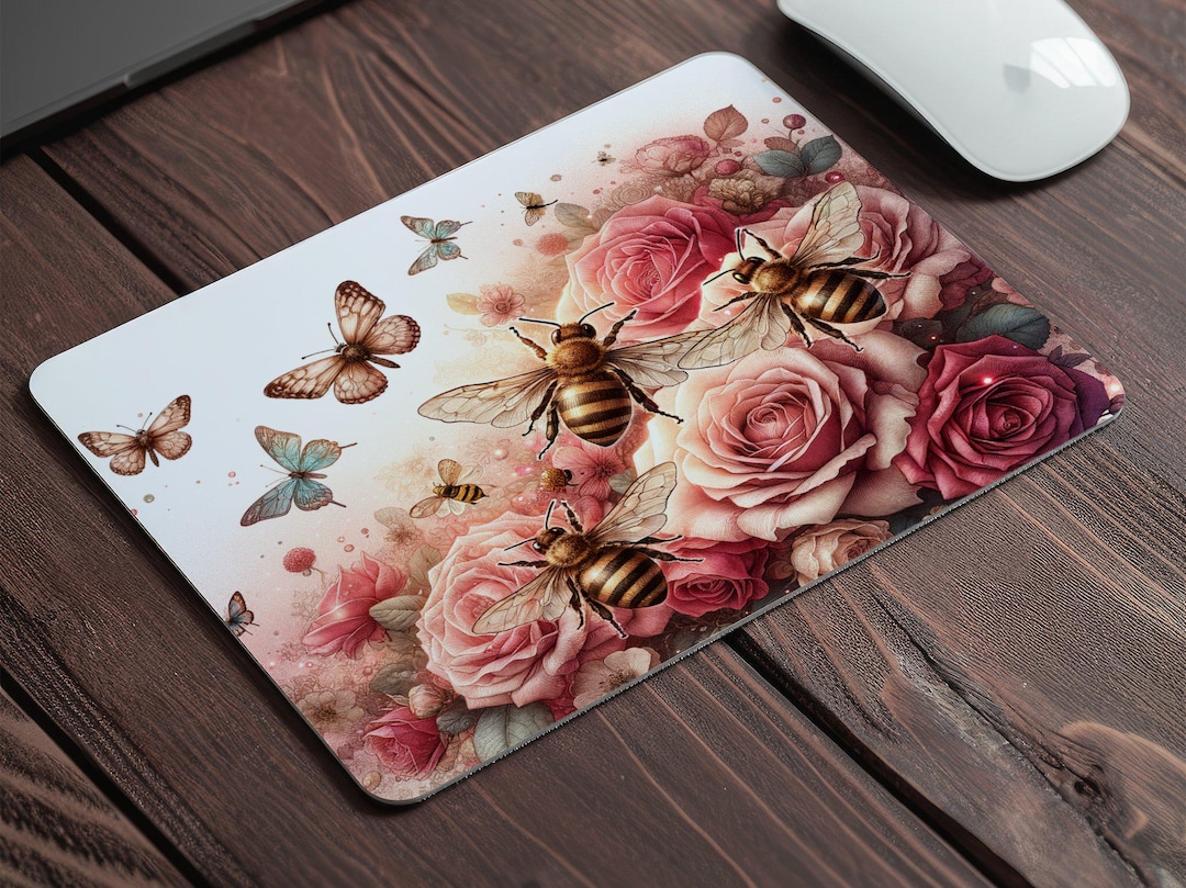 Floral Beehive Mouse Pad, Butterflies Roses Mousepad, Pretty Pink ...