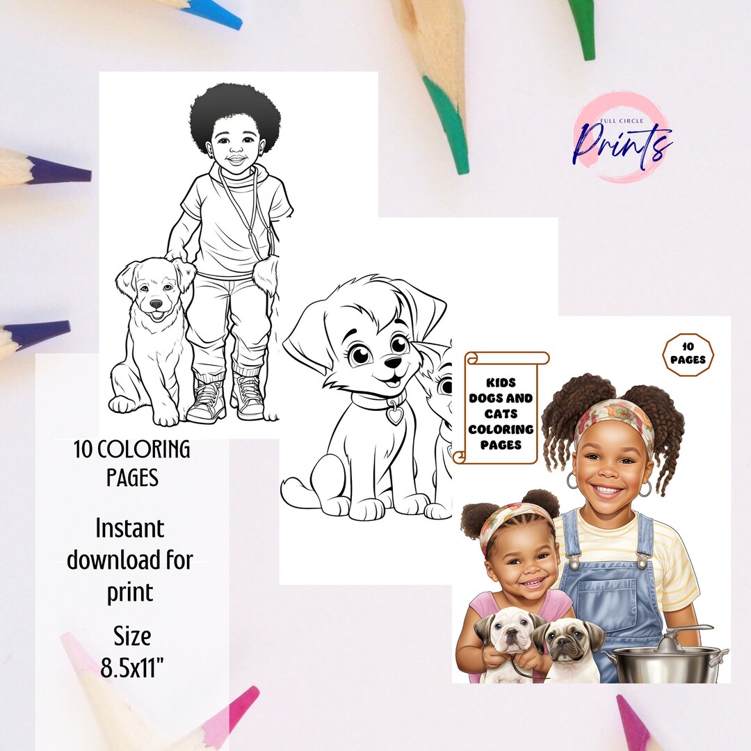 Kids, Dogs and Cats Coloring Pages, 10 Page Printable PDF, Pet and ...