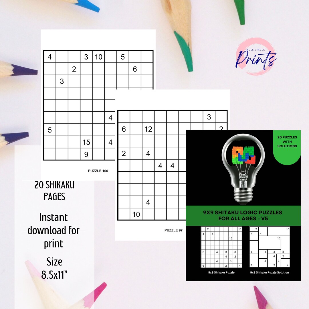 Shikaku Puzzle Pages V5 Printable, 20 Logic Grid Games PDF, 9x9 Brain ...