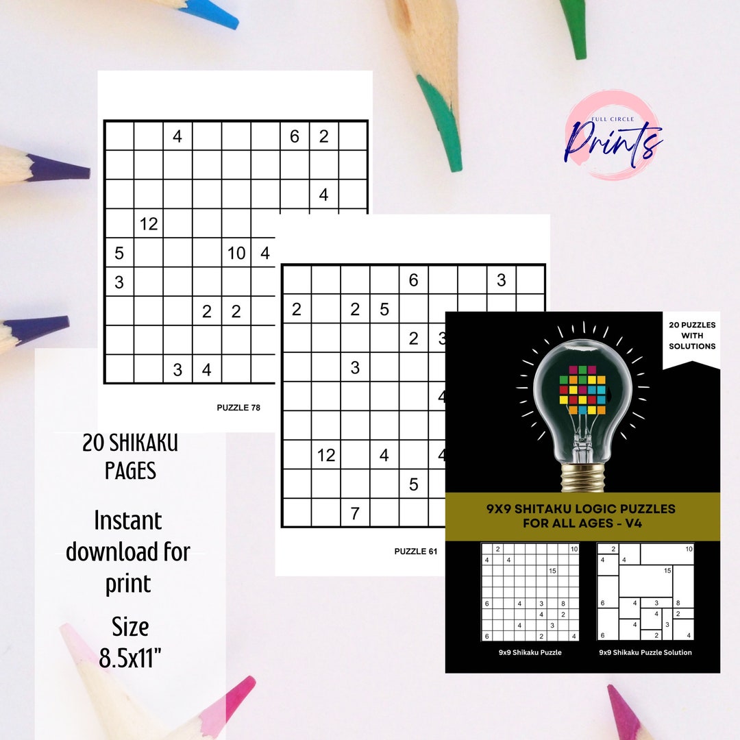 Shikaku Printable Logic Puzzles V4, 20 Page 9x9 Puzzle PDF, Brain Game ...