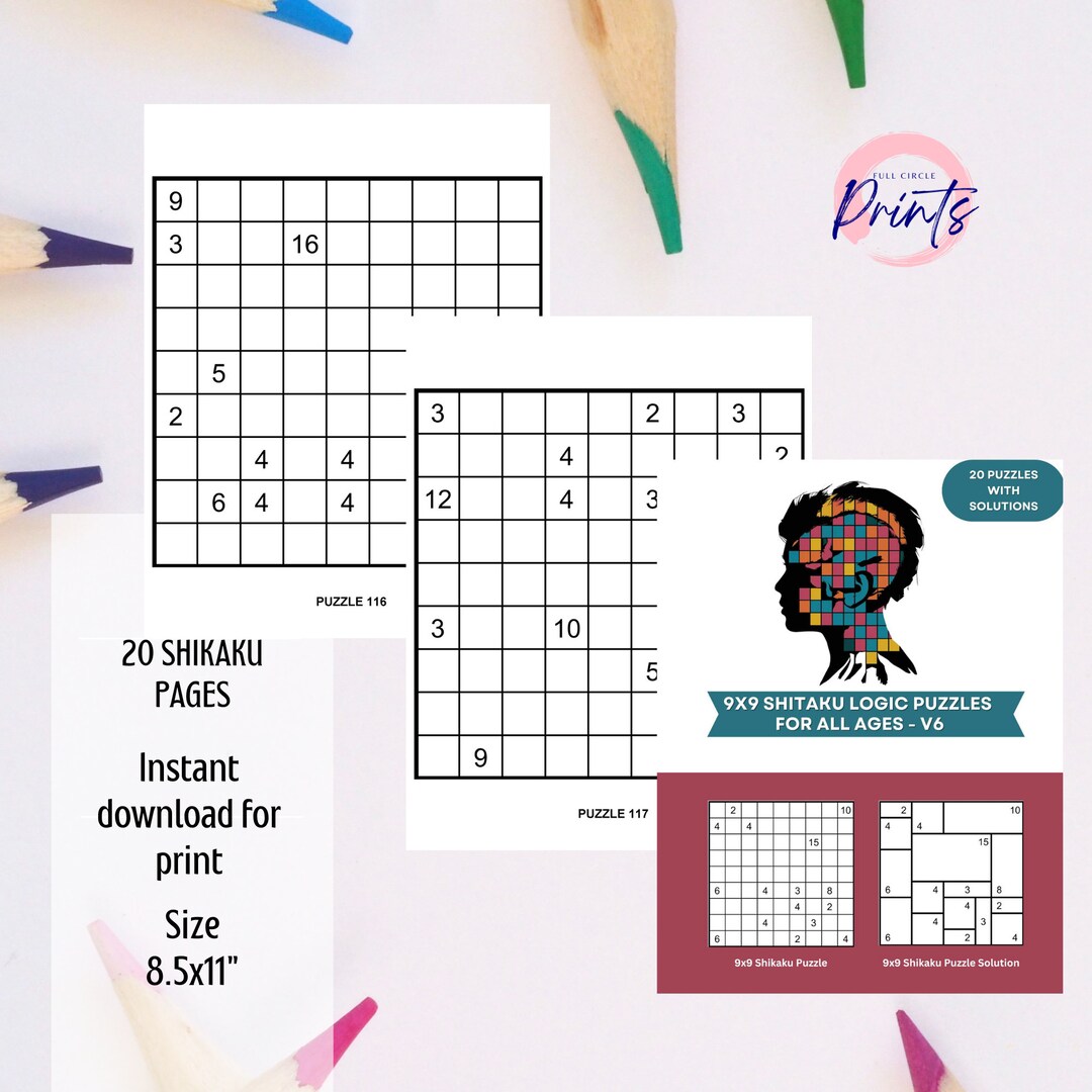 20-page Shikaku Logic Puzzles, Printable PDF 9x9 Grid, 8.5x11 Inch ...
