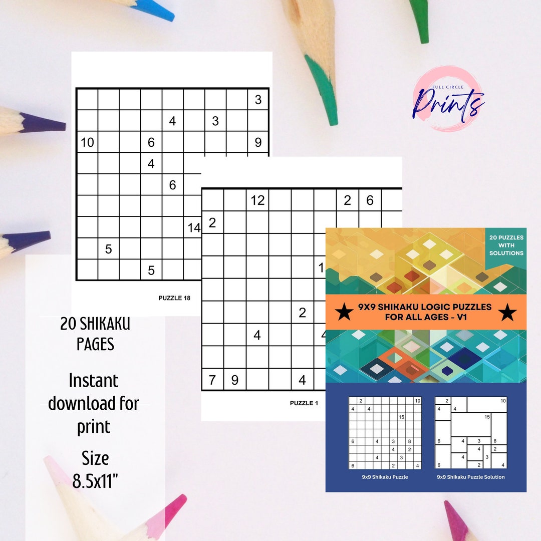 Shikaku Puzzle PDF Printable V1 20 Logic Brain Games 9x9 Grid, Instant ...
