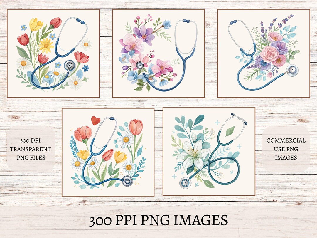 Watercolor Stethoscope and Flowers Clipart, 12 Image Clipart Bundle ...