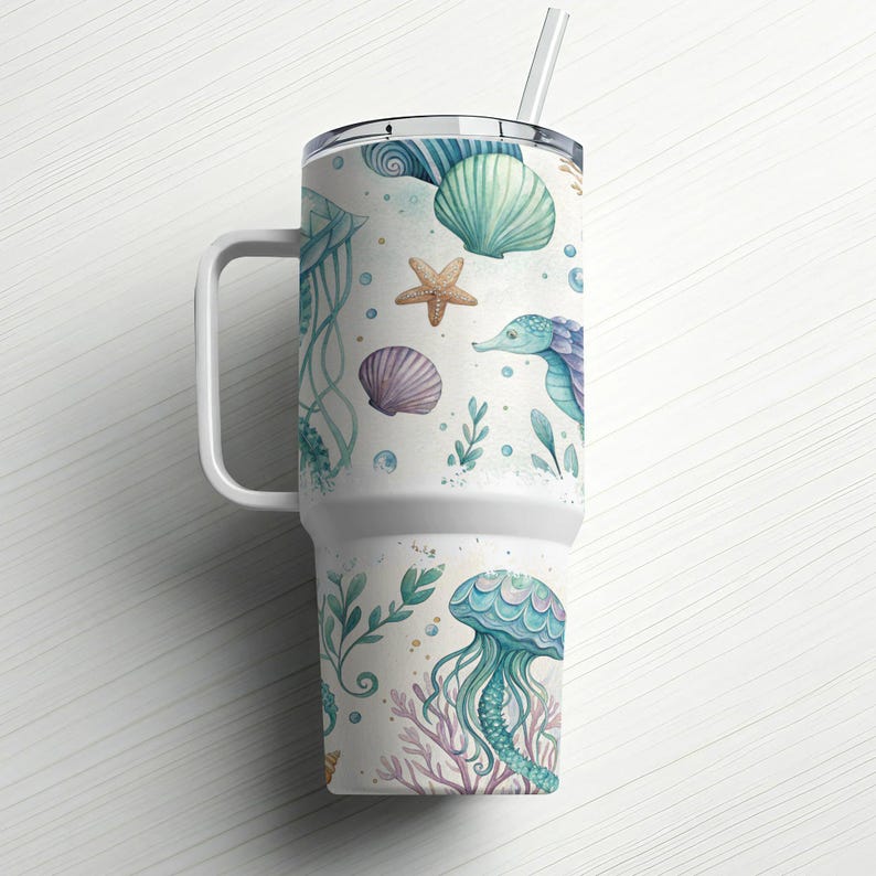 Sea Life Tumbler Wrap: Jellyfish & Shells, 40oz Sublimation Design (PNG ...