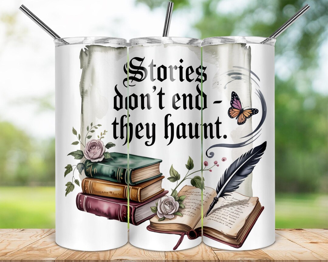 Gothic Book Stack Tumbler Wrap: Ivy, Pen & Butterfly Art (PNG Digital ...