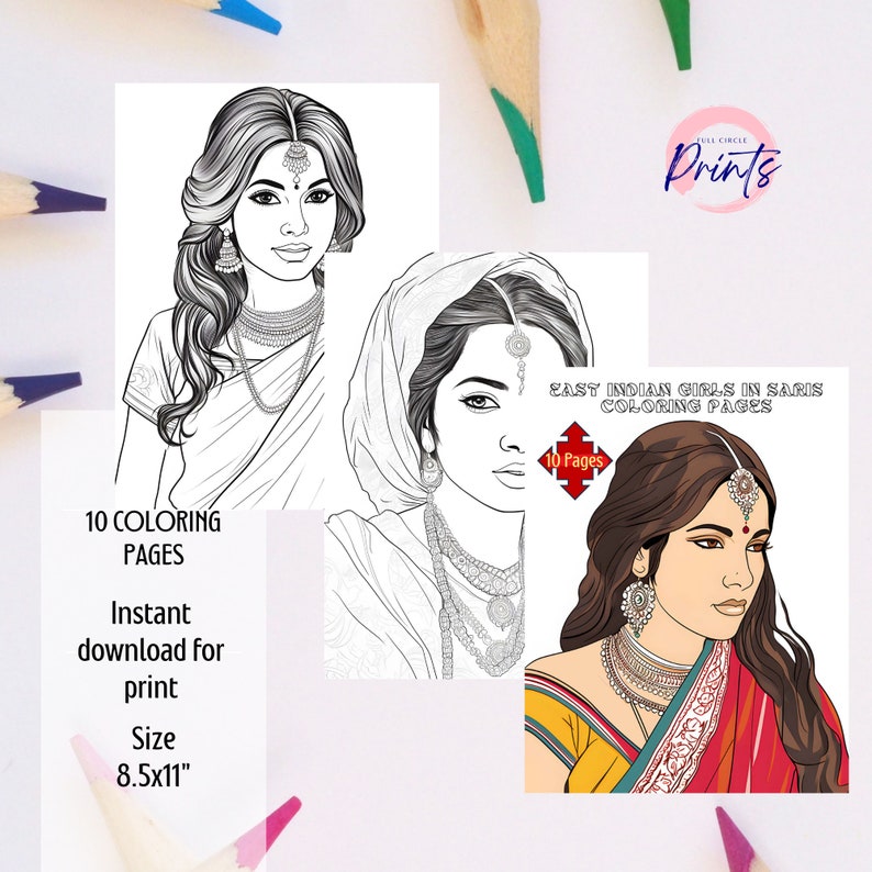10-page East Indian Women in Saris Coloring Page, Printable PDF, 8.5x11 ...