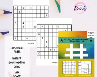 Shikaku Puzzle PDF Printable V1 20 Logic Brain Games 9x9 Grid, Instant Download for All Ages, 8 ...