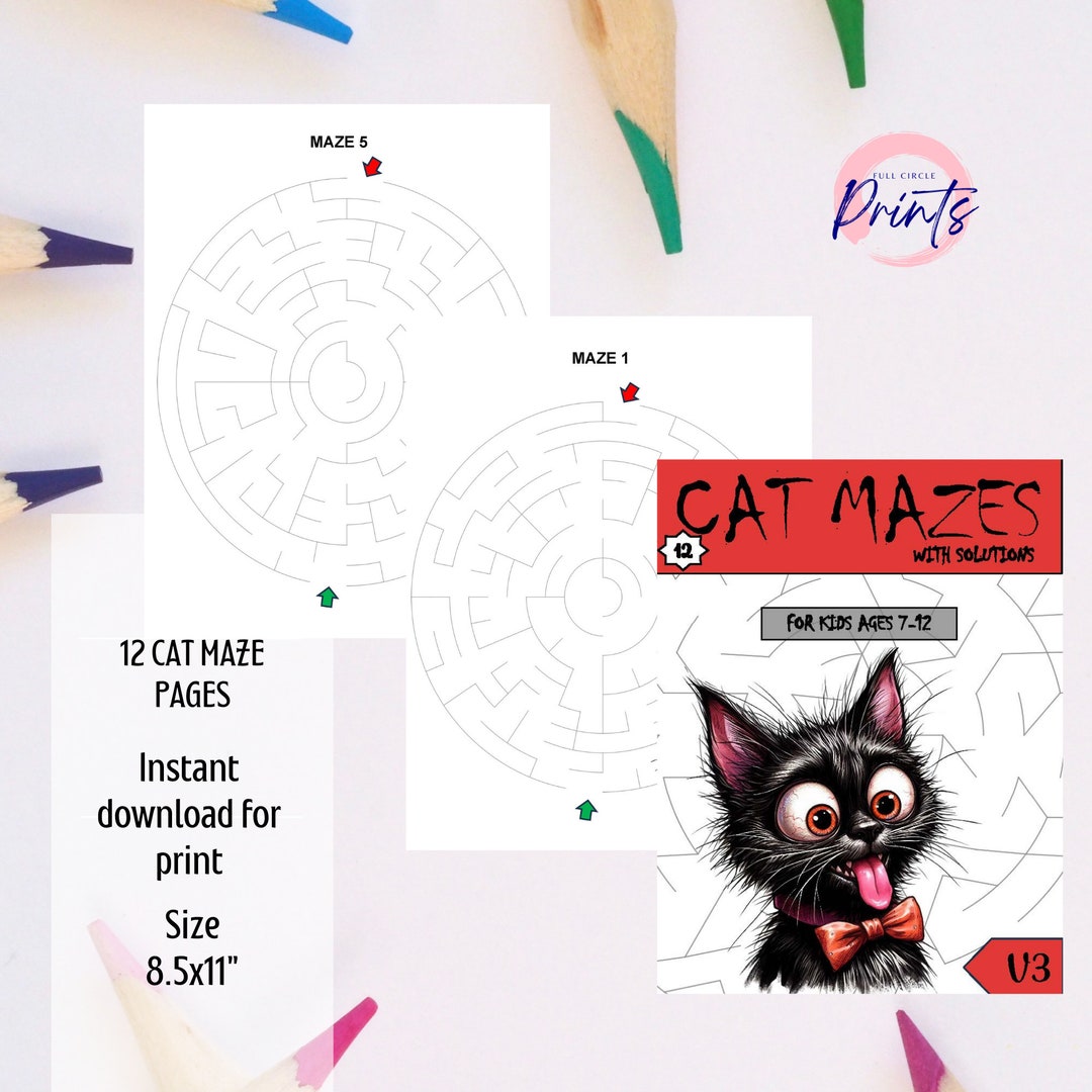 Cat Maze Printable V3 PDF, 12 Spiral Mazes for Kids Ages 7–12, 8.5x11 ...