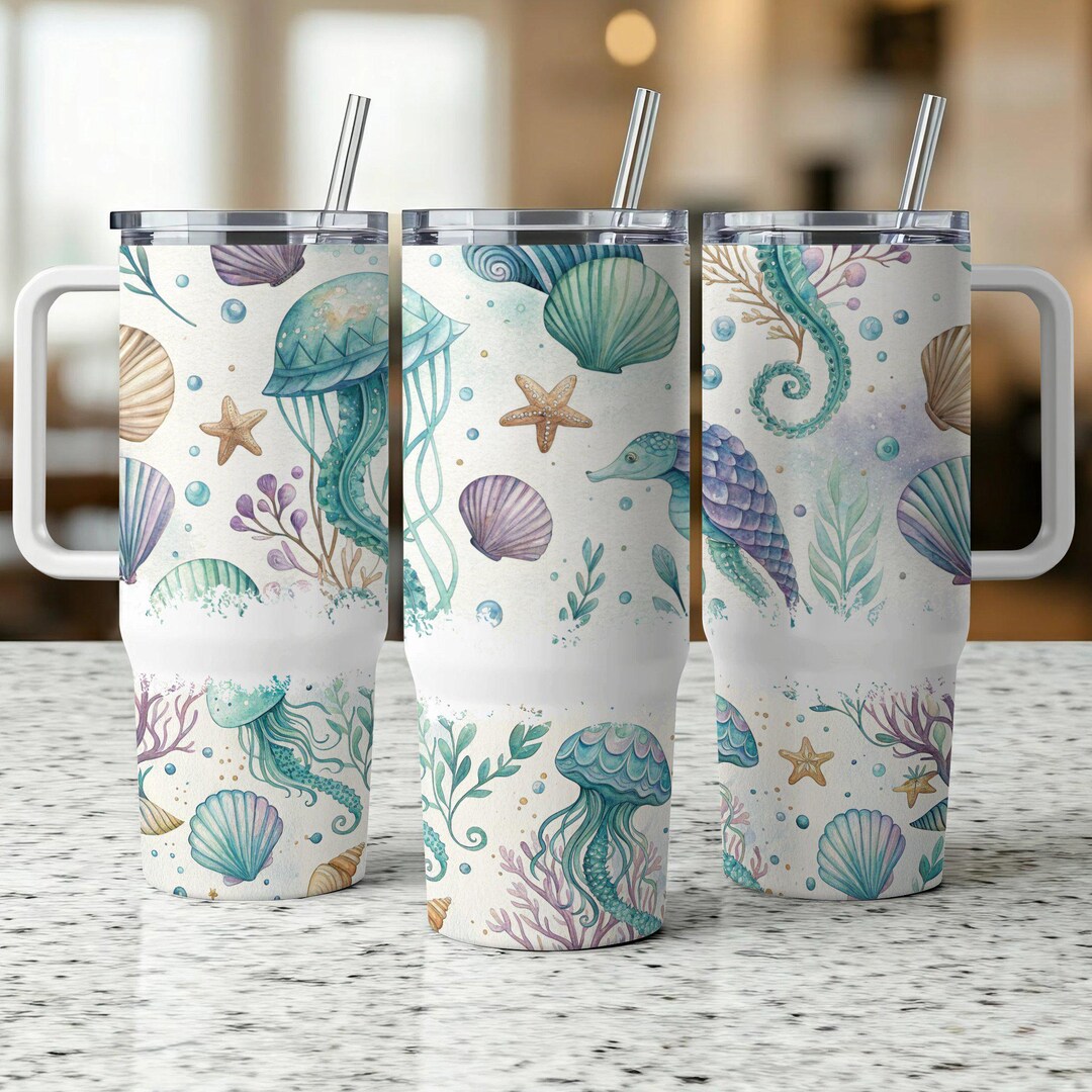 Sea Life Tumbler Wrap: Jellyfish & Shells, 40oz Sublimation Design (PNG ...