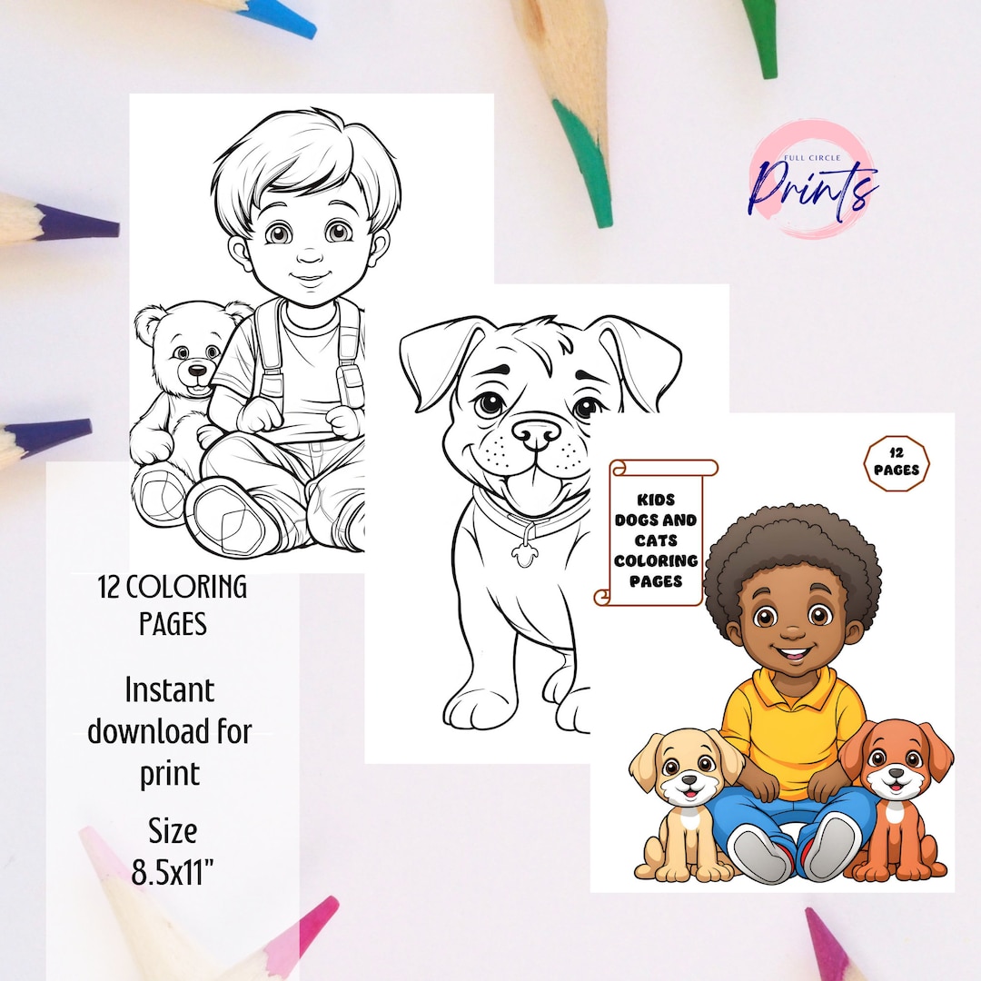 Kids, Dogs and Cats Coloring Pages, 12 Page Printable PDF, Animal and ...