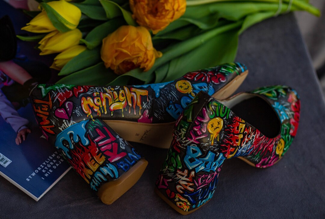 Bright Leather Shoes With a Steady Heel, With a Pattern in the Style of ...