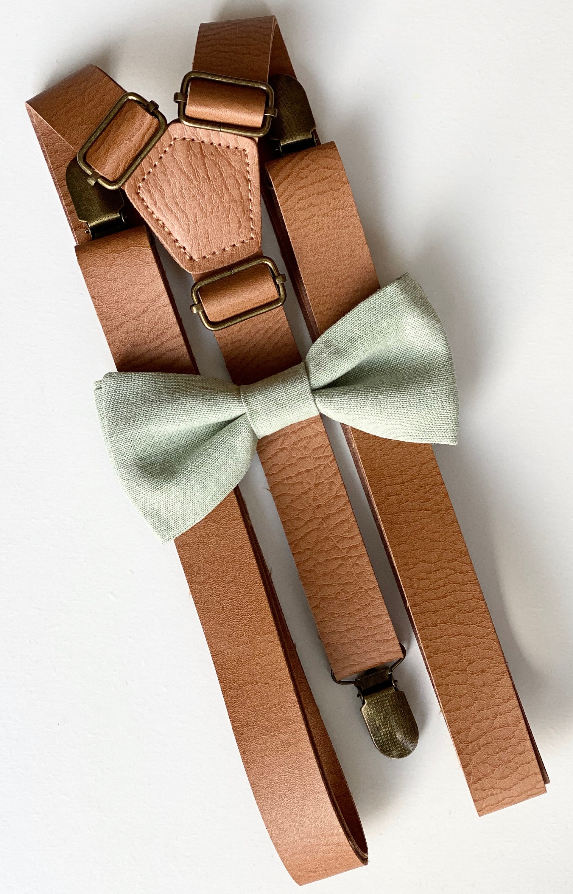 Pale Sage Bow Tie-Tan Leather Suspenders-Dusty Green Bow Tie | Etsy