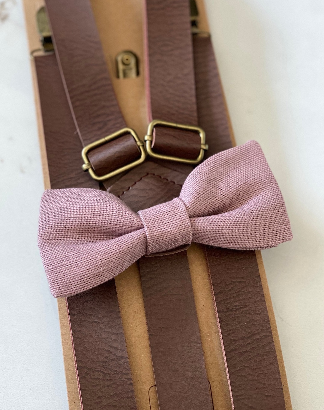 Bow Tie & Suspender Set, Dark Brown Leather Suspenders, Vintage Leather ...