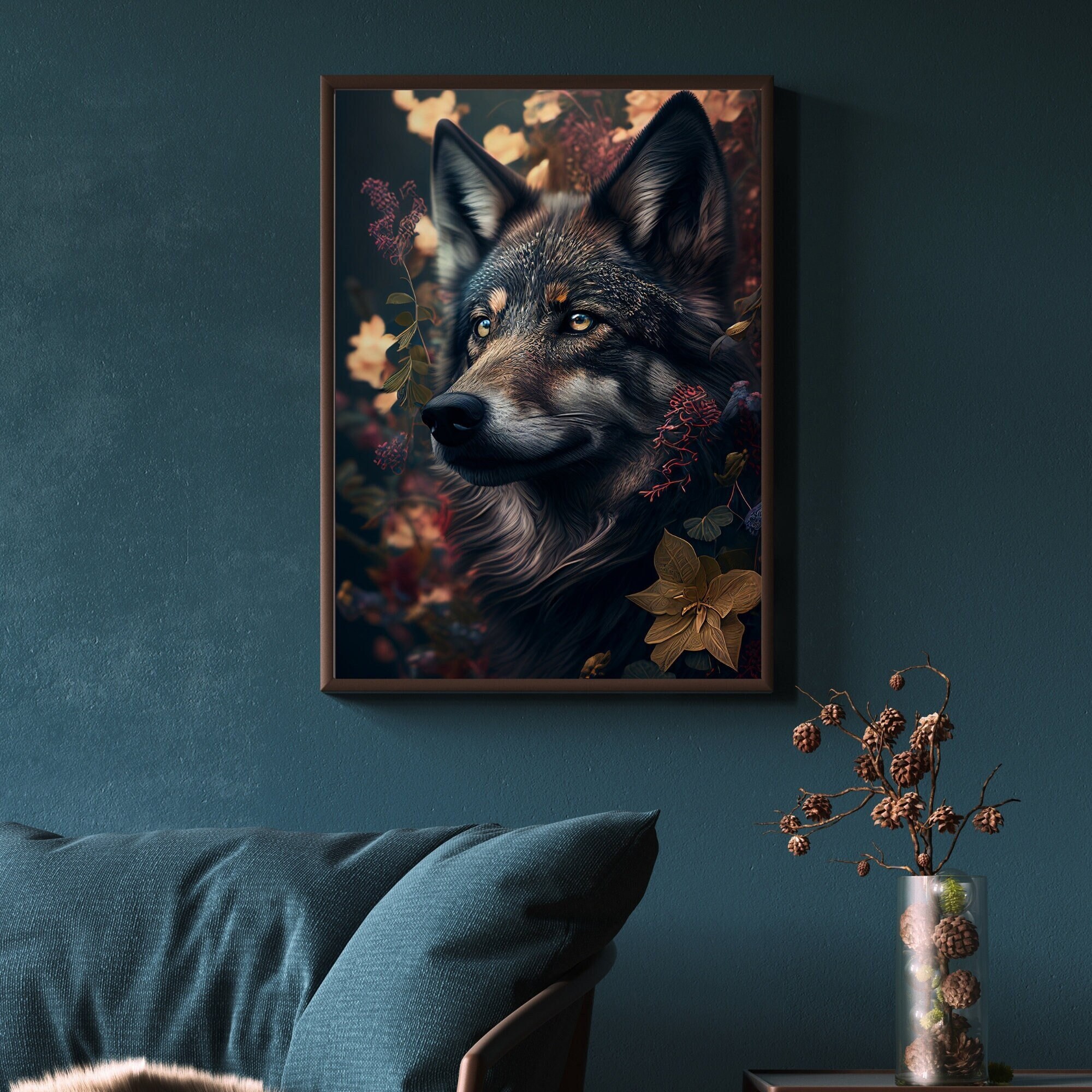 Wolf Wall Art Boho Style Vintage Wolf Canvas Print Animal Printable ...