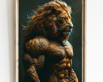 Lion Muscle Training Weightlifting With Dumbbell Poster Print, Wall Art ...